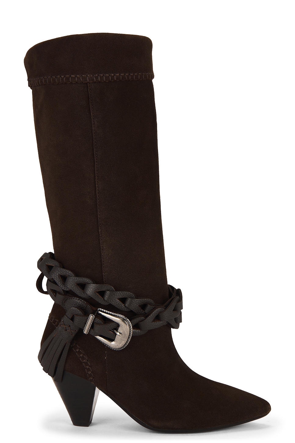 Free People Bridget Belt Slouch Boot in Chocolate Suede | REVOLVE