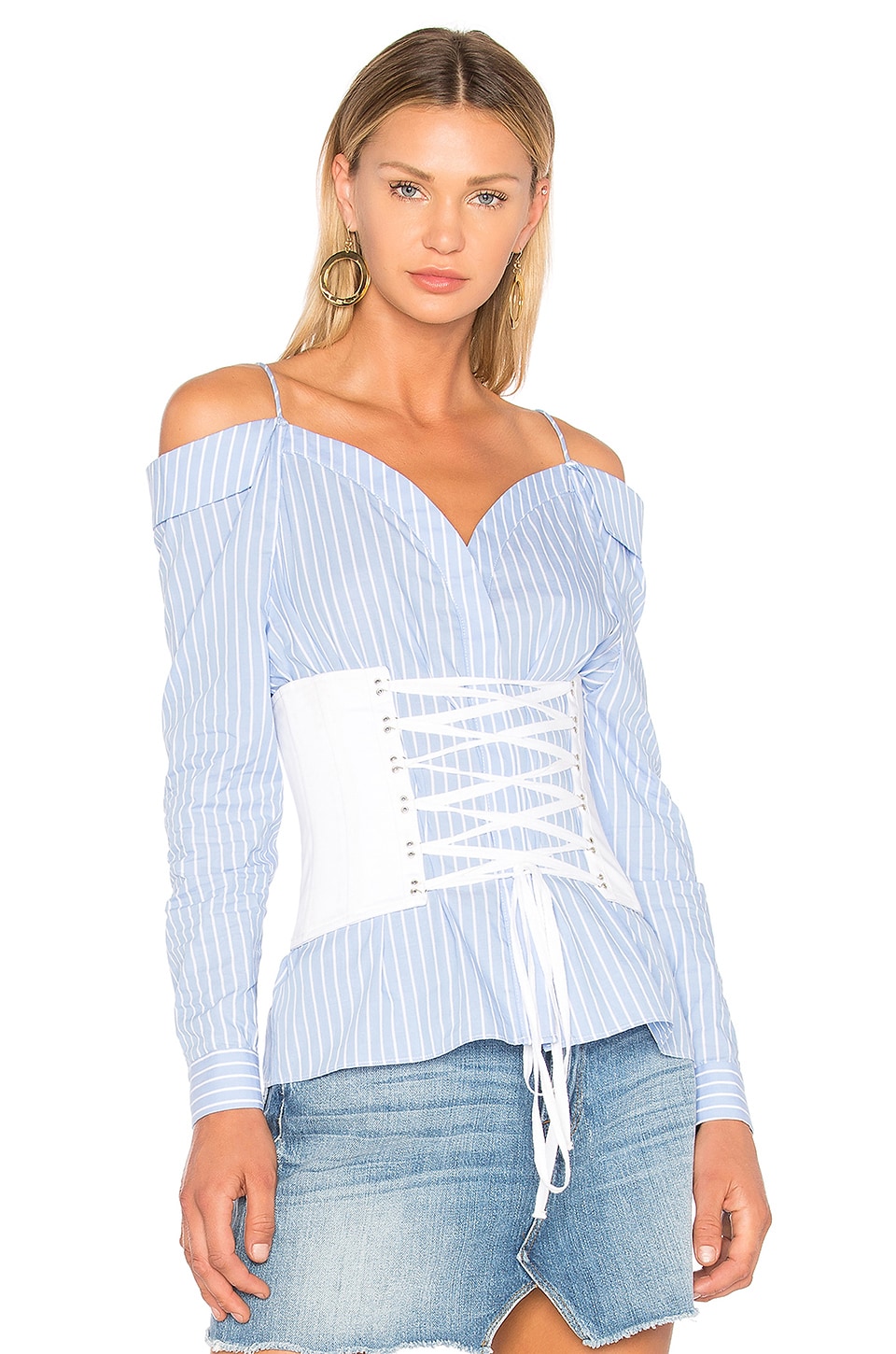 FAME AND PARTNERS Coco Corset Top in Blue Pinstripe | REVOLVE