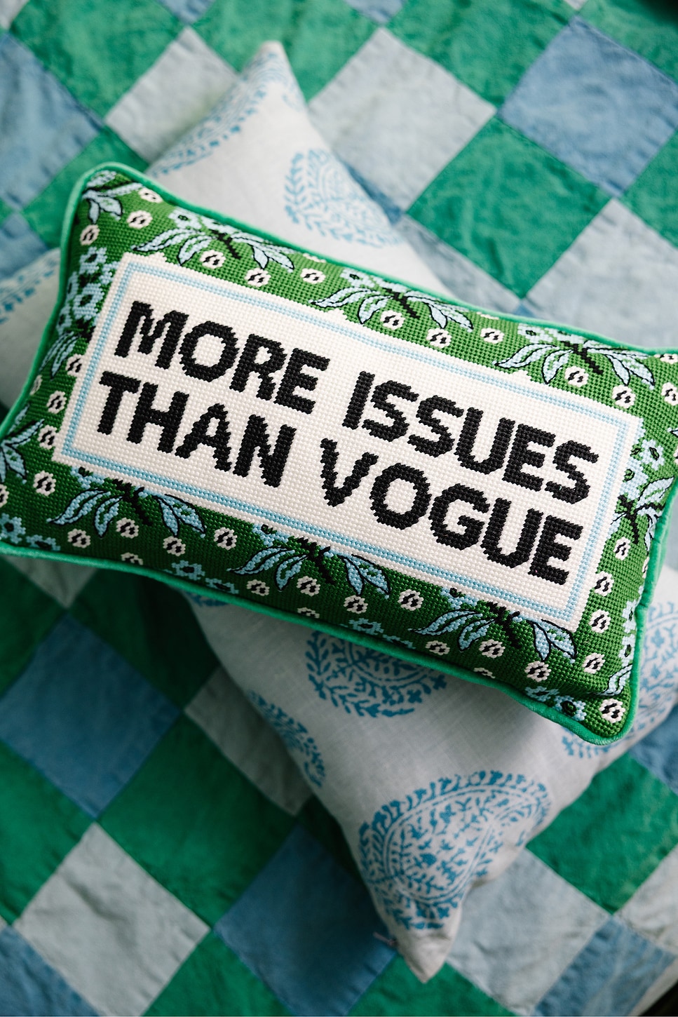 Furbish Studio More Issues Needlepoint Pillow in Green & White | REVOLVE