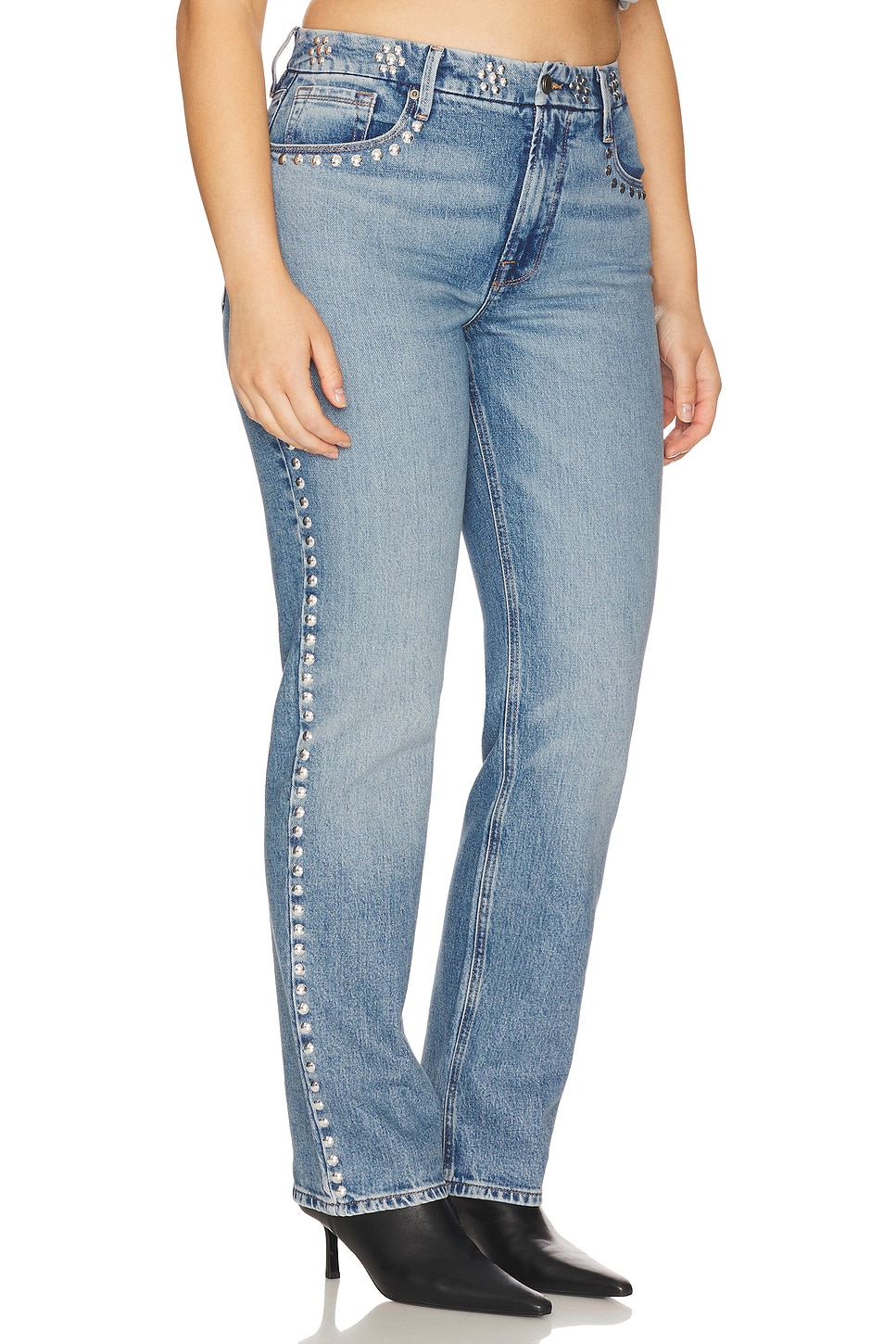 Good American Good Icon Studded Straight Jeans in Indigo895 | REVOLVE