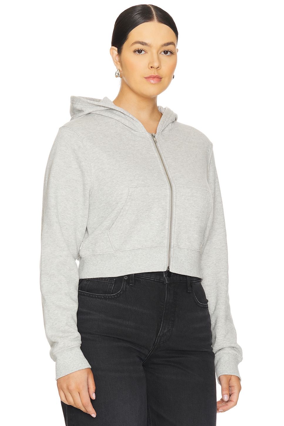 Good American Brushed Fleece Zip Up Hoodie in Heather Grey001 | REVOLVE