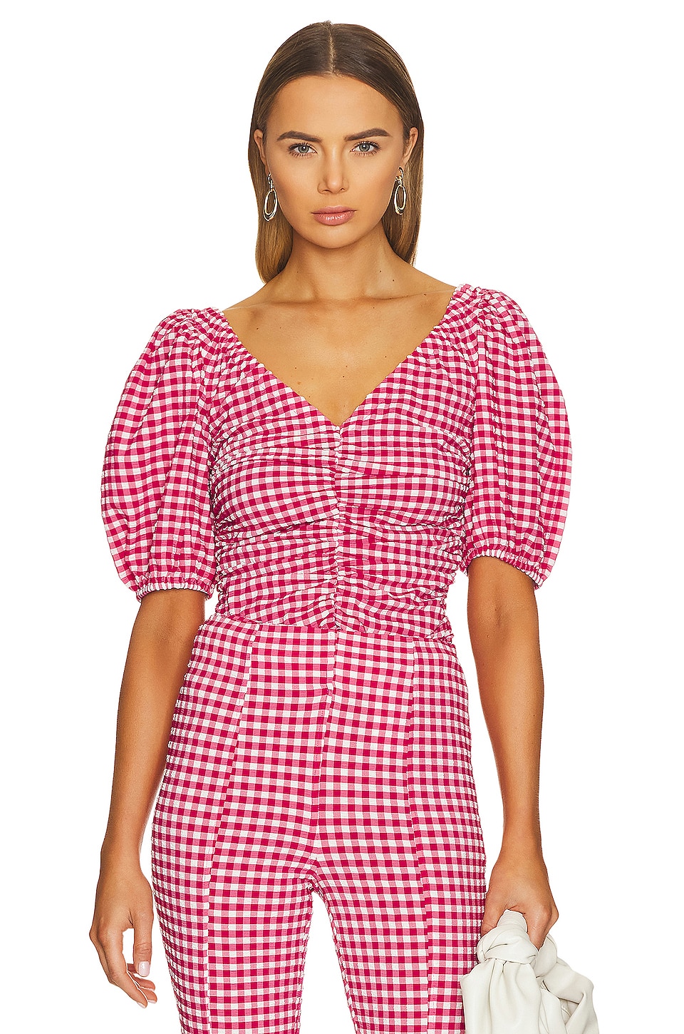 Ganni Seersucker Gathered Blouse in Love Potion | REVOLVE