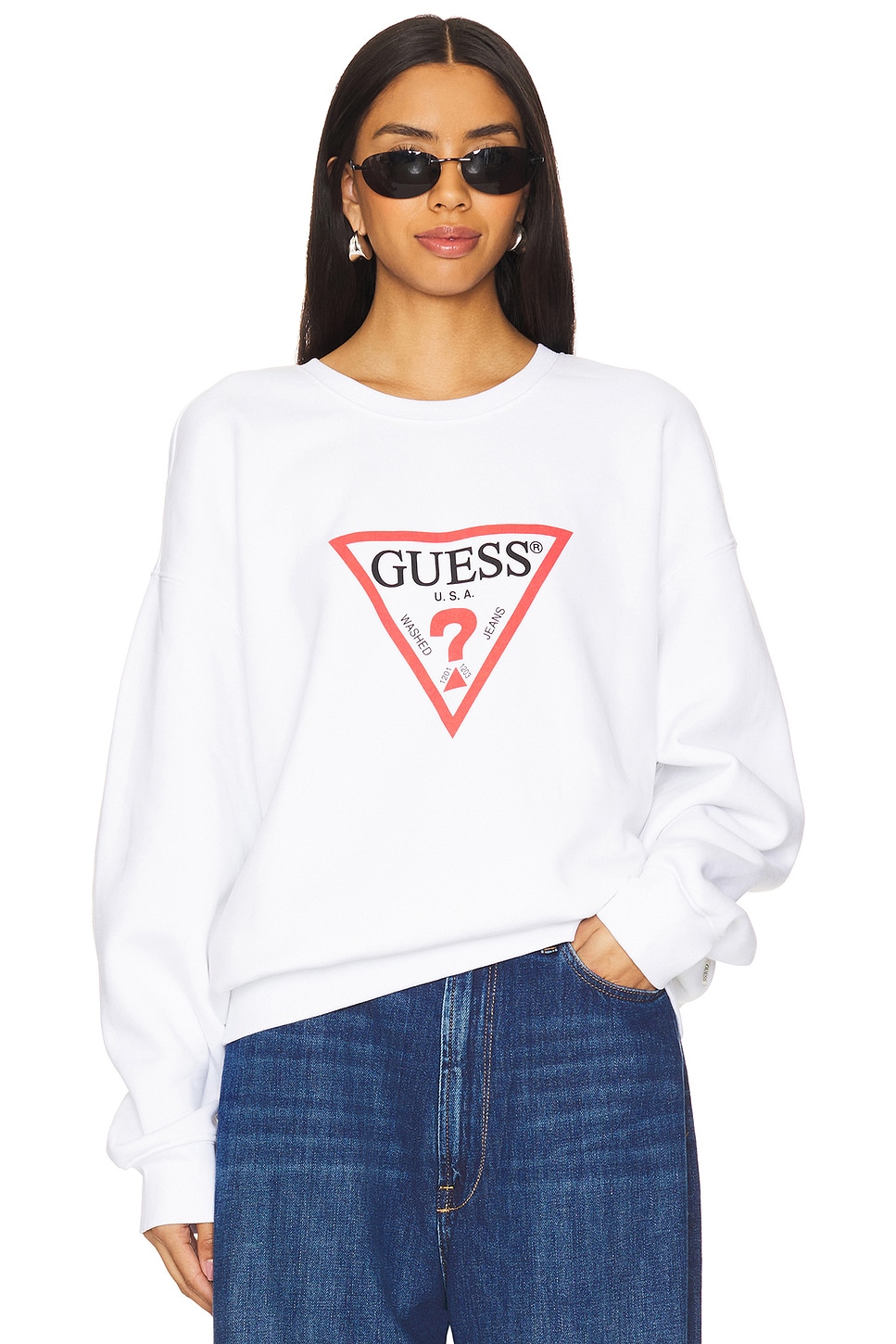 Guess Jeans Iconic Triangle Sweatshirt in Pure White | REVOLVE