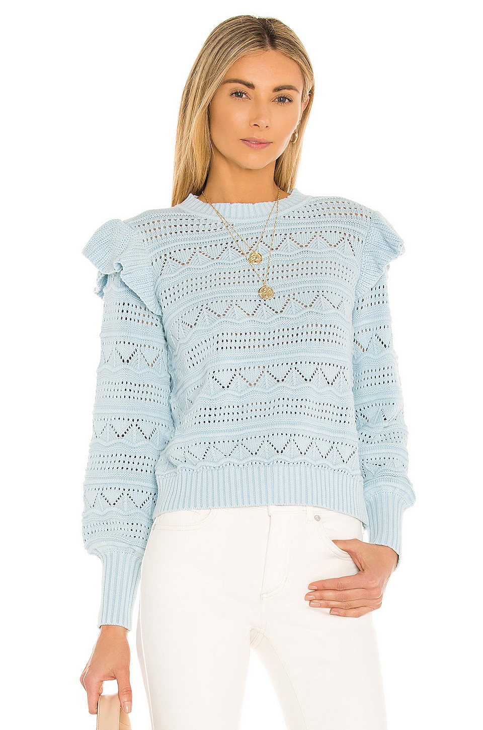 Generation Love Sienna Pointelle Ruffle Sweater in Light Blue | REVOLVE