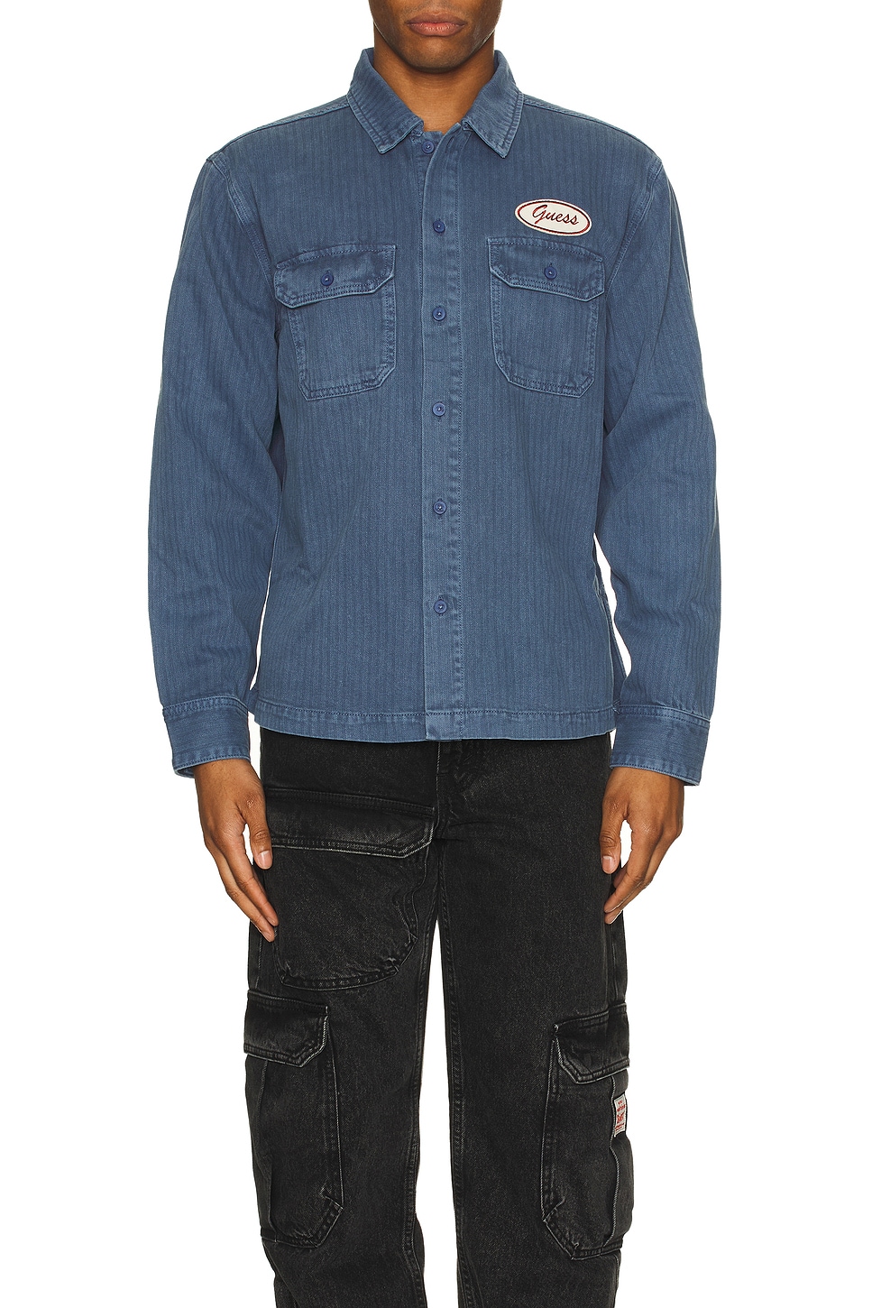 Guess Originals Vintage Patch Work Shirt in Pennant Blue | REVOLVE