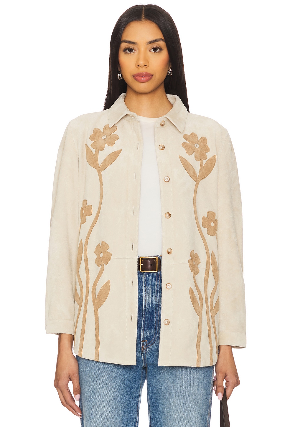The Great The Floral Applique Suede Jacket in Tonal Desert Tan | REVOLVE