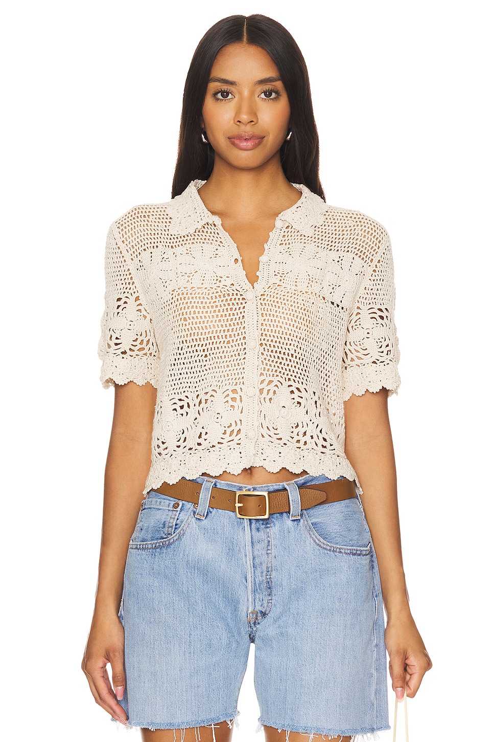 The Great The Crochet Polo Top in Natural | REVOLVE