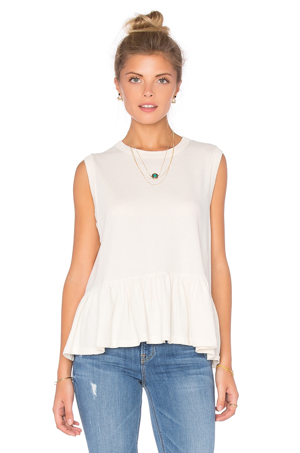The Great Sleeveless Ruffle Tee in Washed White | REVOLVE