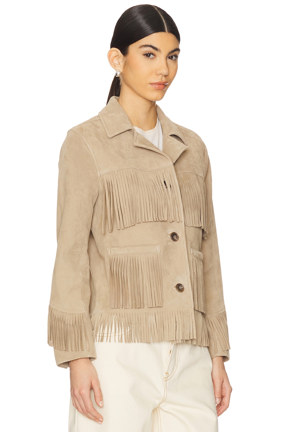 GRLFRND Joni Suede Fringe Jacket in Desert Sand | REVOLVE