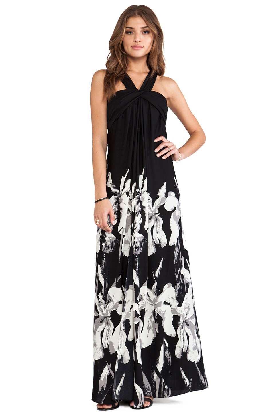 Halston Heritage Halter Strap Printed A-Line Gown in Black | REVOLVE