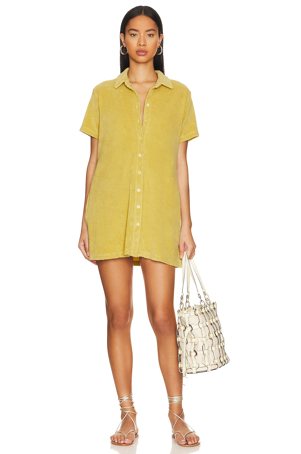MONROW Terry Cloth Shirt Dress in Kiwi | REVOLVE