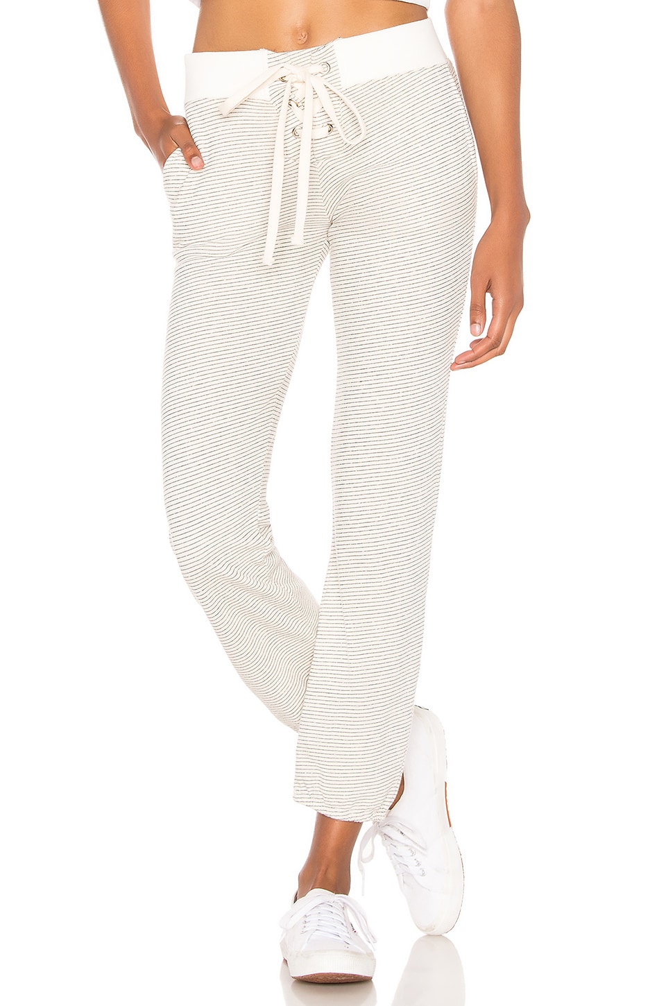 MONROW Pinstripe Lace Up Sweat in Natural | REVOLVE