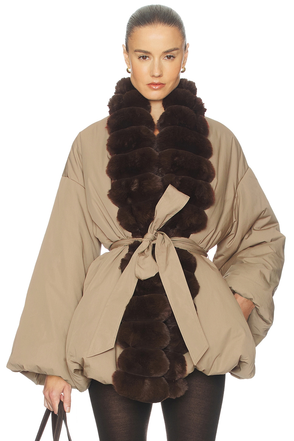 Helsa Bubble Puffer With Faux Fur in Tan & Cedar | REVOLVE