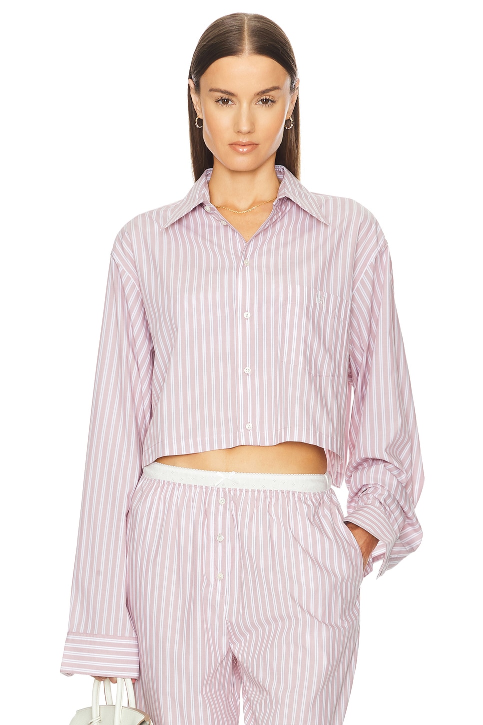 Helsa Wide Stripe Poplin Cropped Shirt in Mauve Stripe | REVOLVE