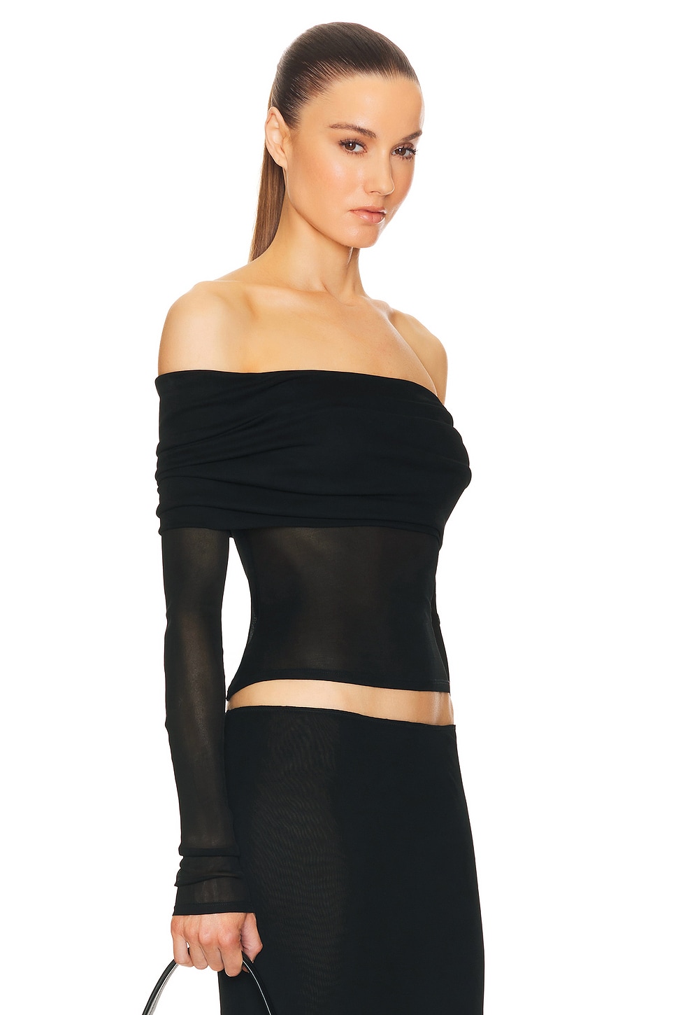 Helsa Sheer Knit Off The Shoulder Top in Black | REVOLVE