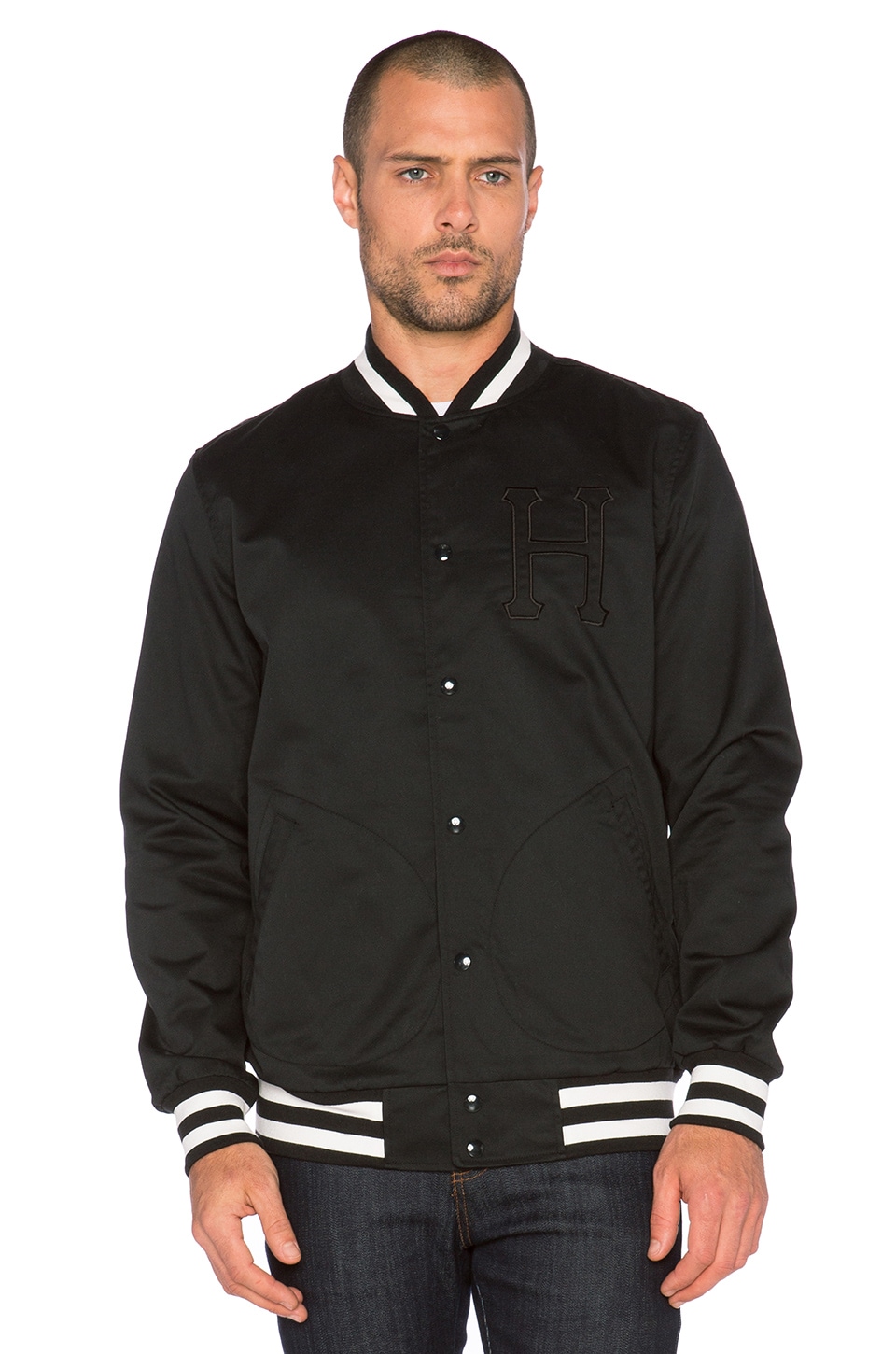 HUF Classic H Varsity Jacket in Black | REVOLVE