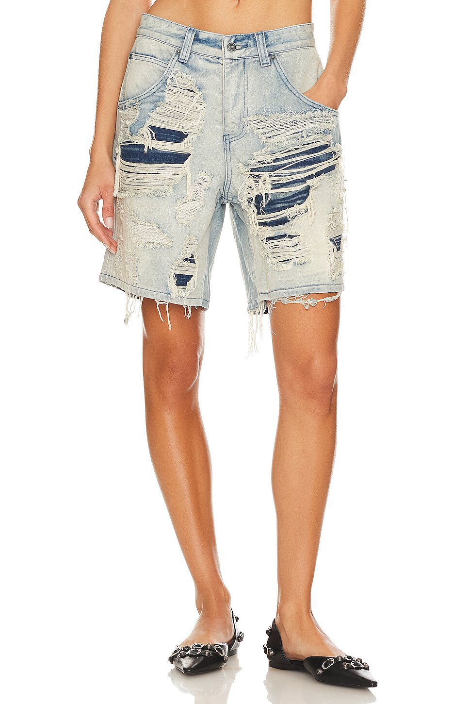 Jaded London Distressed Colossus Shorts in Blue Wash | REVOLVE