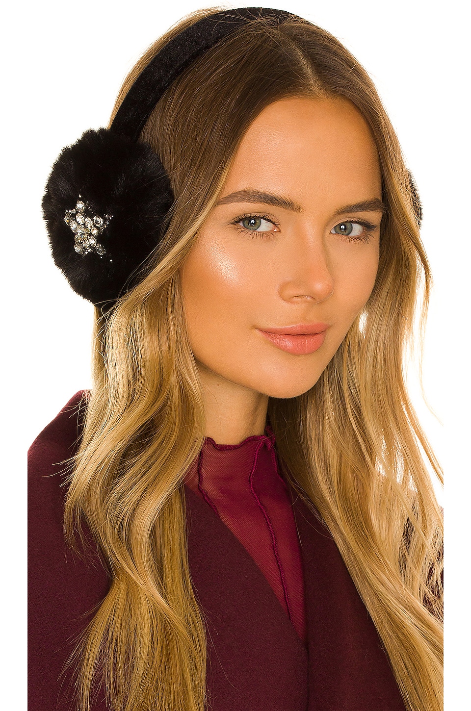 jocelyn Embellished Faux Fur Ear Muffs in Black | REVOLVE