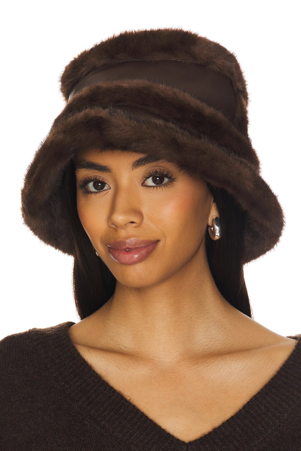 jocelyn Faux Mink & Leather Bucket Hat in Chestnut | REVOLVE
