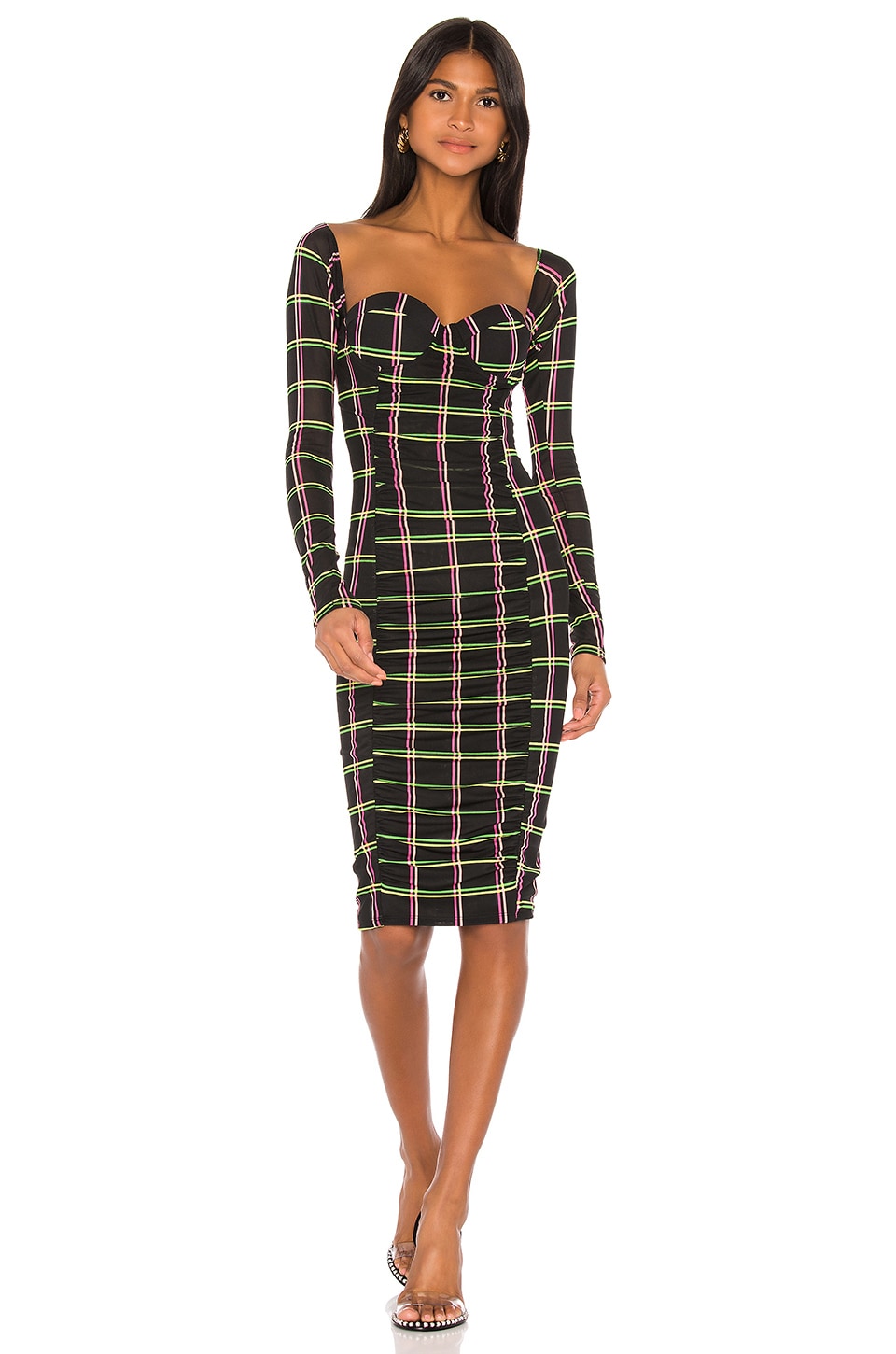 SIMKHAI x REVOLVE Ruched Midi Dress in Black Windowpane Mesh | REVOLVE