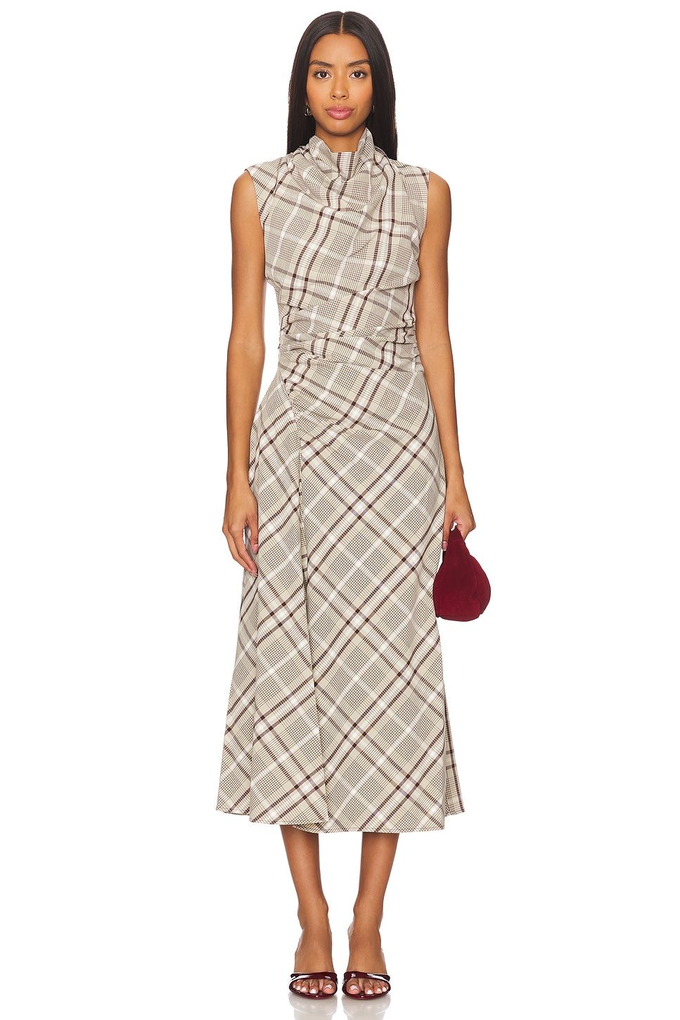 SIMKHAI Burke Draped Midi Dress in Sand Plaid | REVOLVE