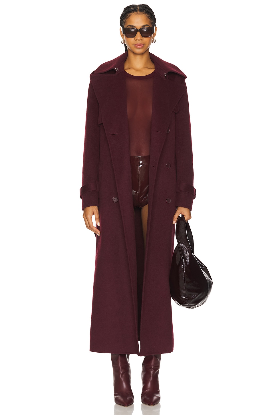 SIMKHAI Rumi Belted Long Coat in Oxblood | REVOLVE
