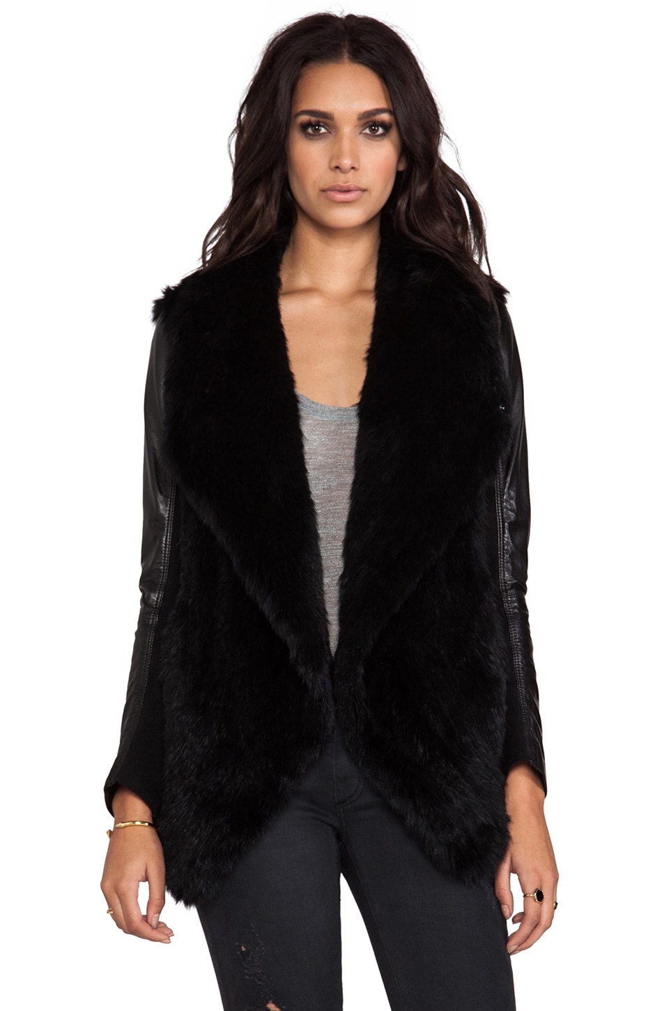 June Knit Fur Jacket With Leather Sleeves in Black | REVOLVE