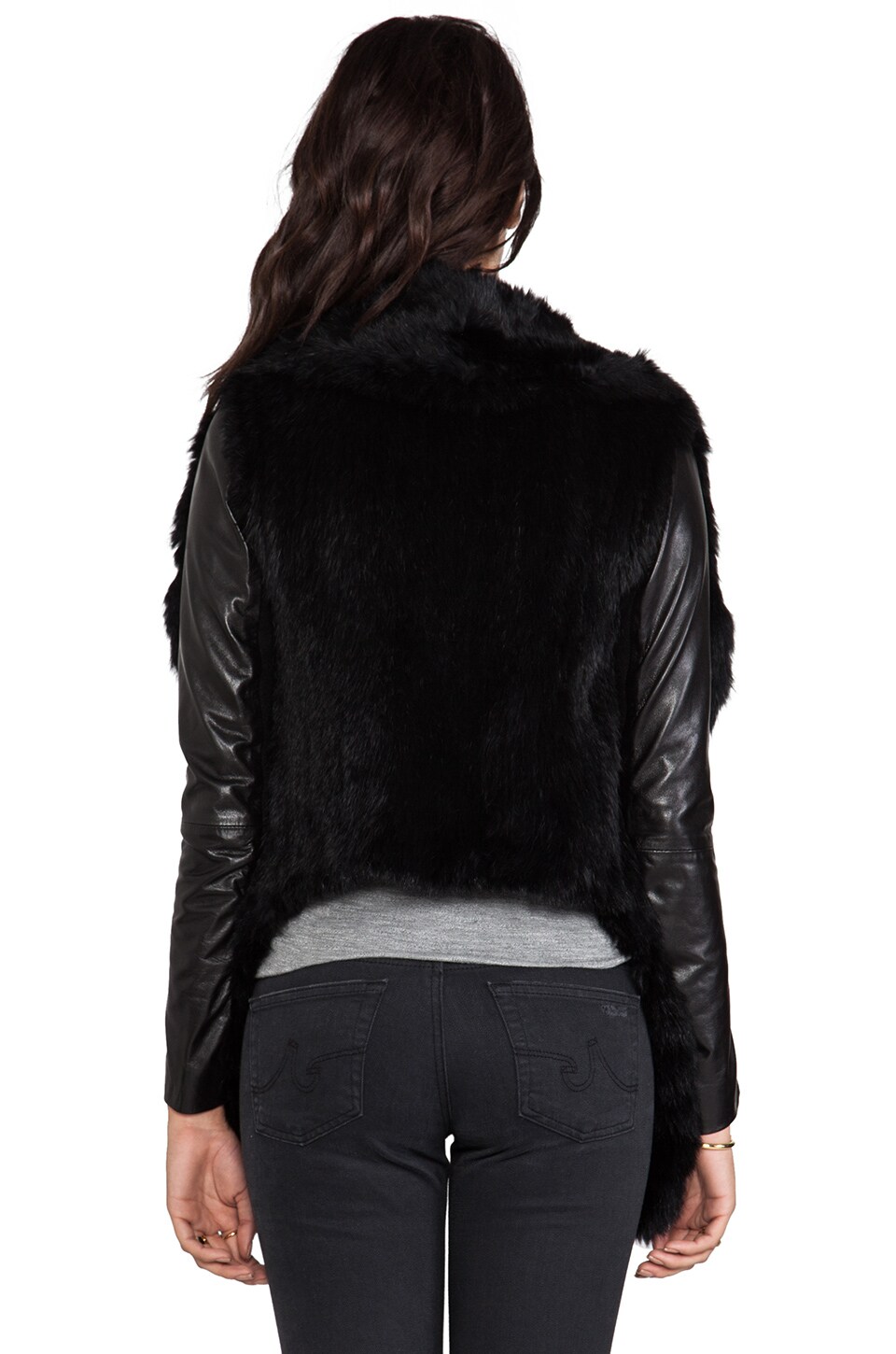 June Knit Fur Jacket With Leather Sleeves in Black | REVOLVE