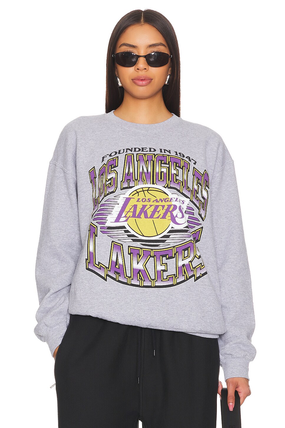 Junk Food Lakers Chrome Lines Crew Sweatshirt in Heather Grey | REVOLVE