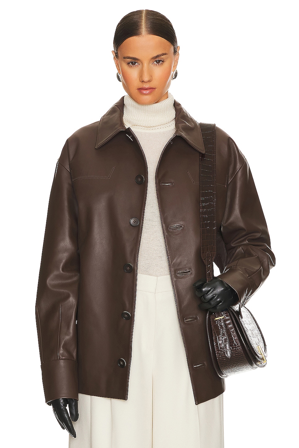 KULAKOVSKY Leather Overshirt in Milk Chocolate | REVOLVE