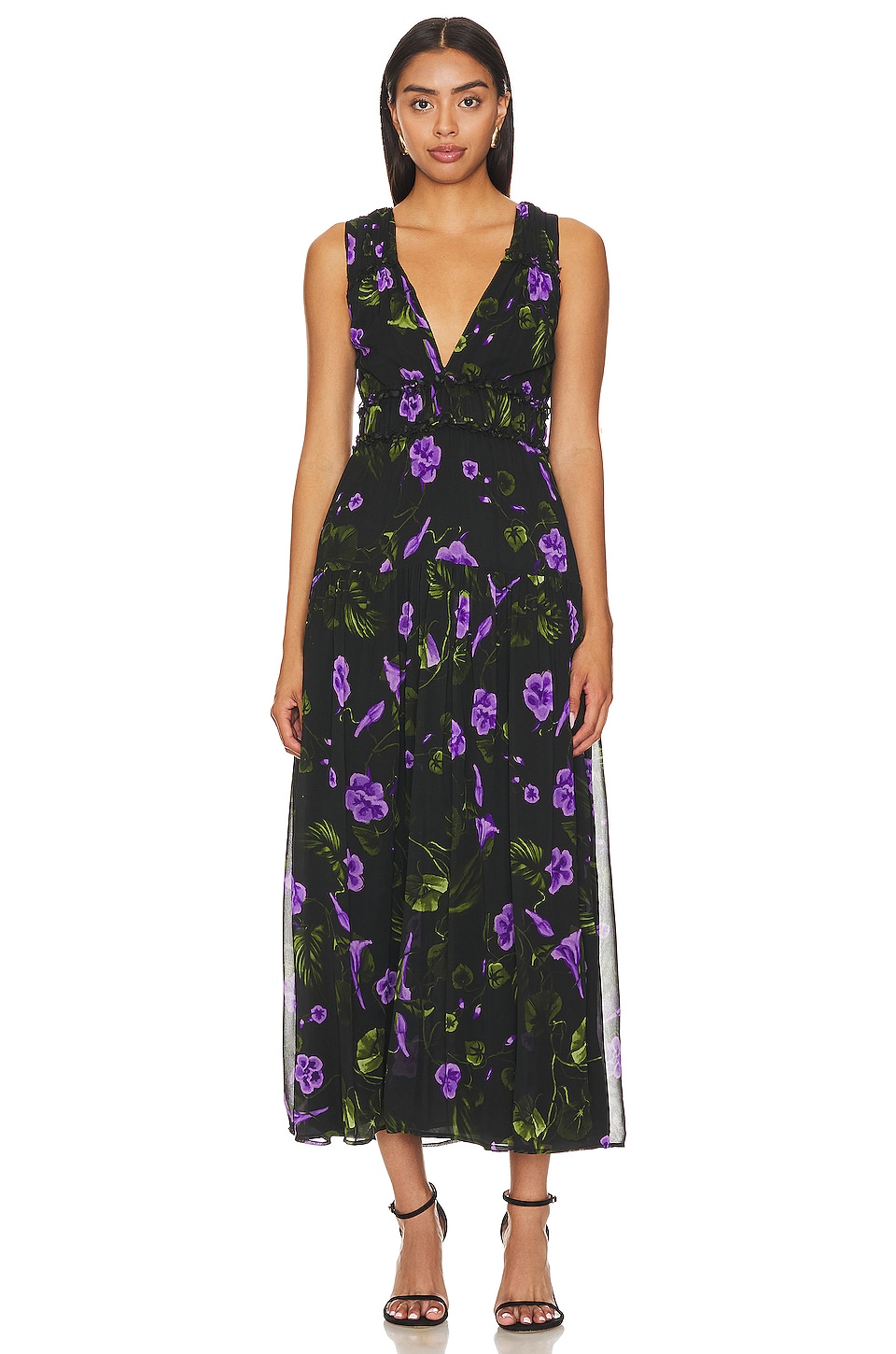 Karina Grimaldi Mercedes Print Midi Dress in Black Pansy | REVOLVE