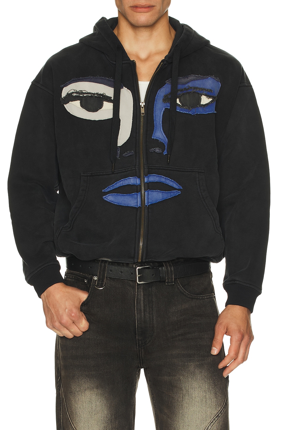 KidSuper Patchwork Face Heavyweight Zip Up Hoodie in Black | REVOLVE