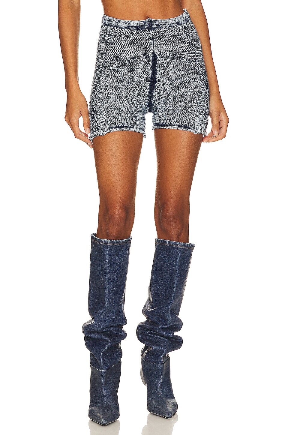 Knorts Knit Denim Tweed Half Moon Biker Shorts in Vintage Indigo | REVOLVE
