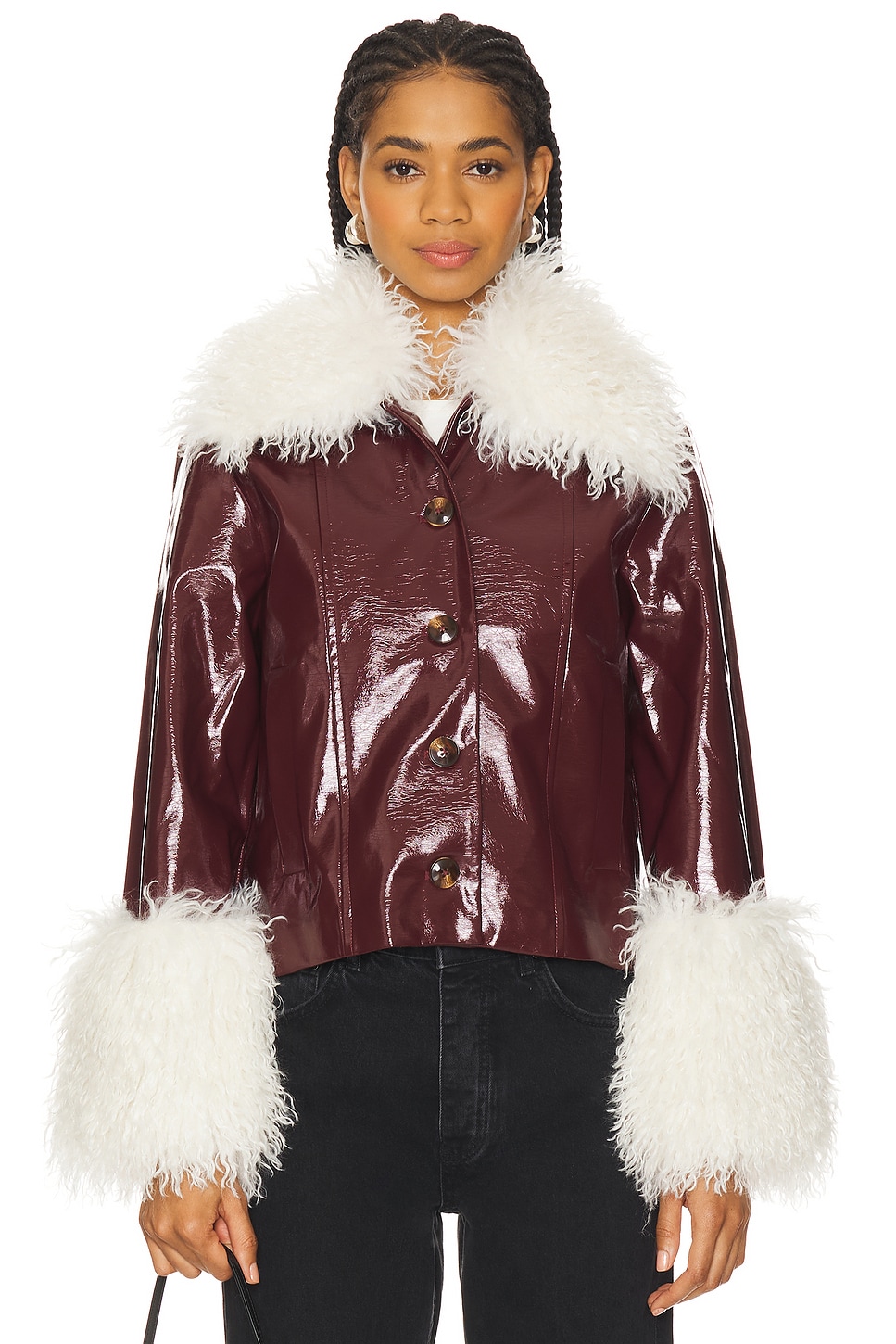 Kitri Bonnie Faux Fur Vinyl Jacket in Oxblood | REVOLVE