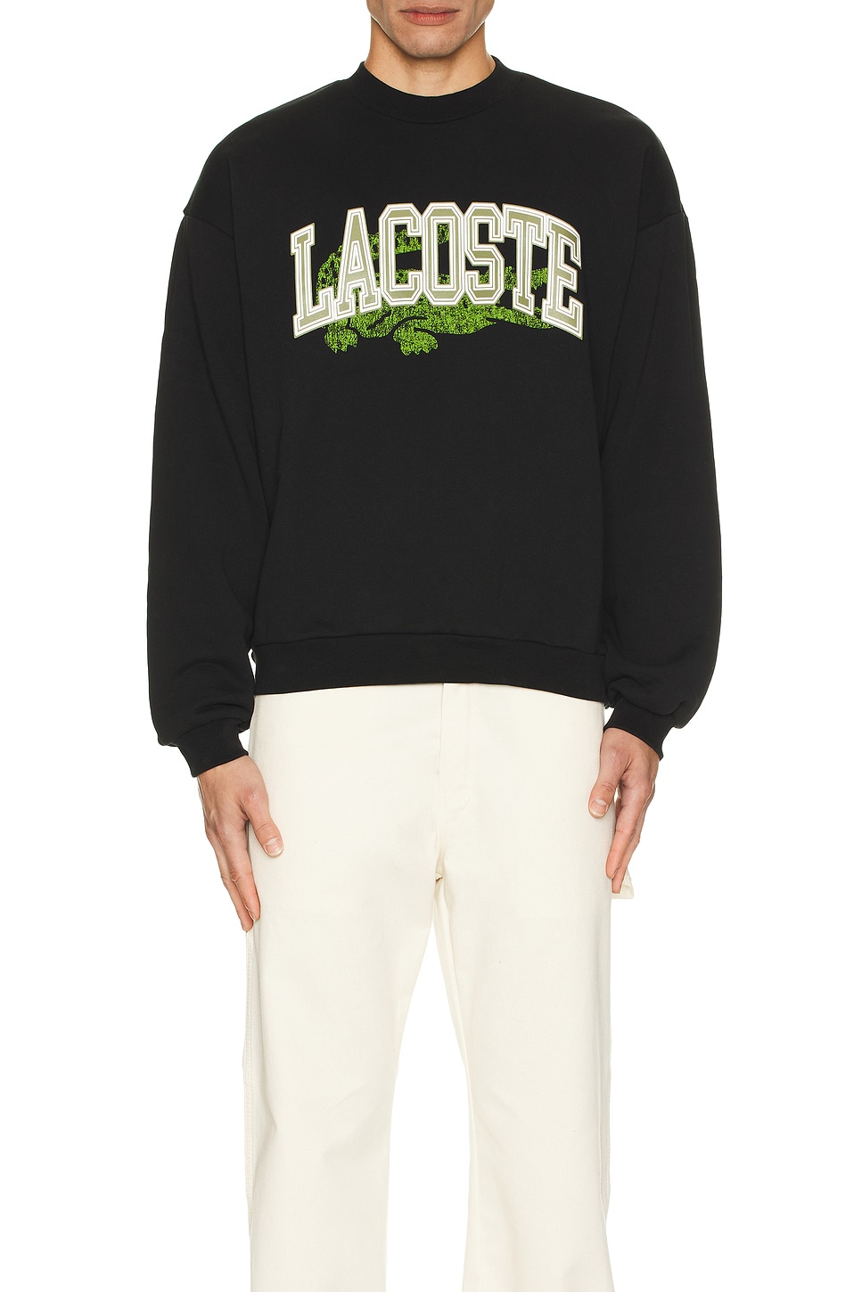 Lacoste Loose Fit Crew Neck Sweatshirt in Black | REVOLVE