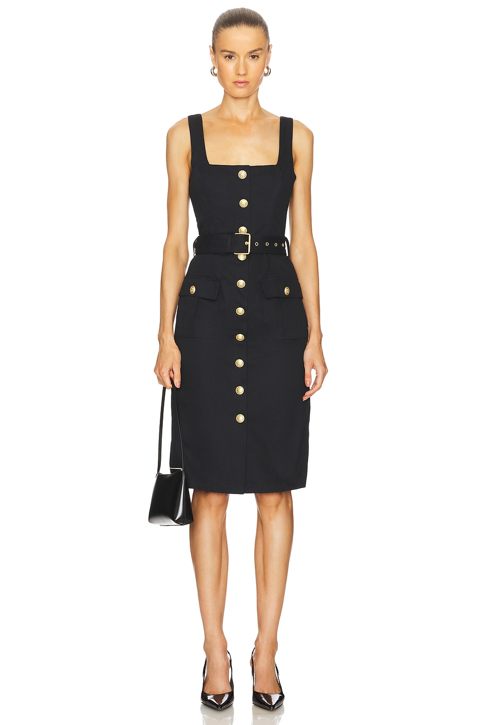 L'AGENCE Idy Button Front Tank Dress in Black & Gold | REVOLVE
