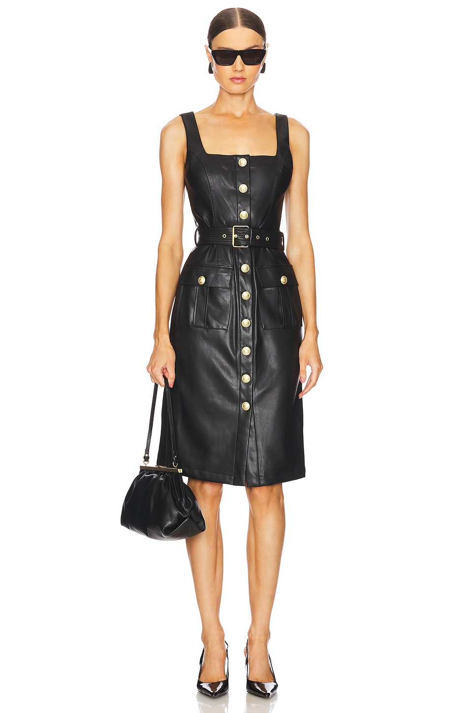 L'AGENCE Idy Button Front Tank Dress in Black & Gold | REVOLVE