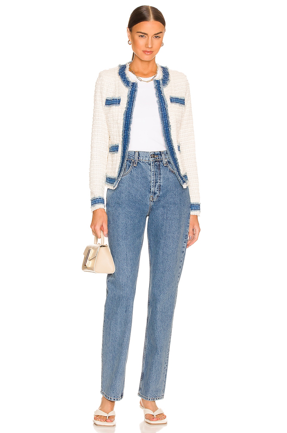 L'AGENCE Agnes Tweed Denim Jacket in Ivory & Pomona | REVOLVE