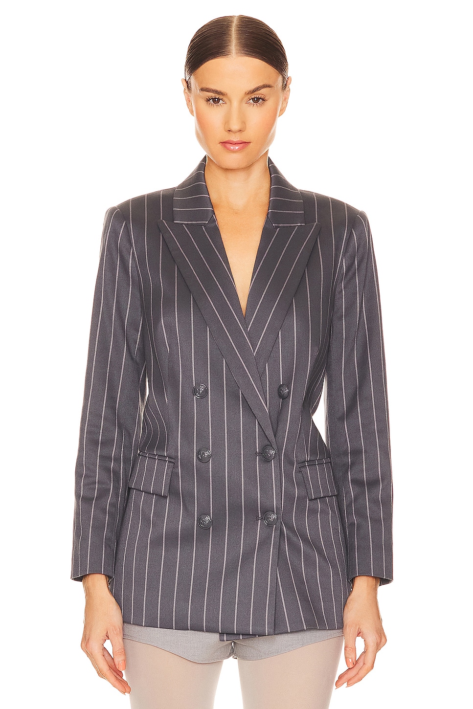 L'AGENCE Aimee Relaxed Blazer in Charcoal Grey Pinstripe | REVOLVE