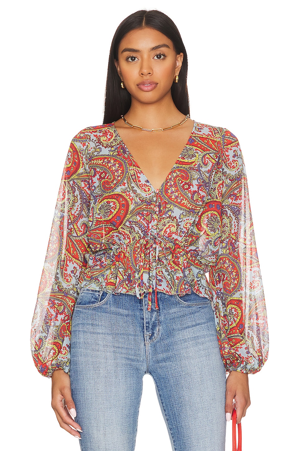 L'AGENCE Pixie Drawstring Blouse in Light Blue Vintage Paisley | REVOLVE