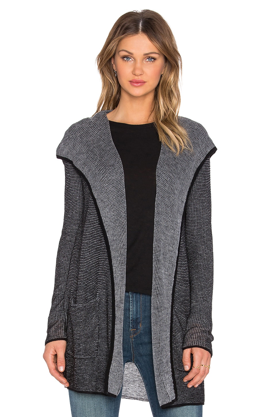 LA Made Two Tone Waffle Cashmere Blend Hooded Cardigan in Black & Grey ...