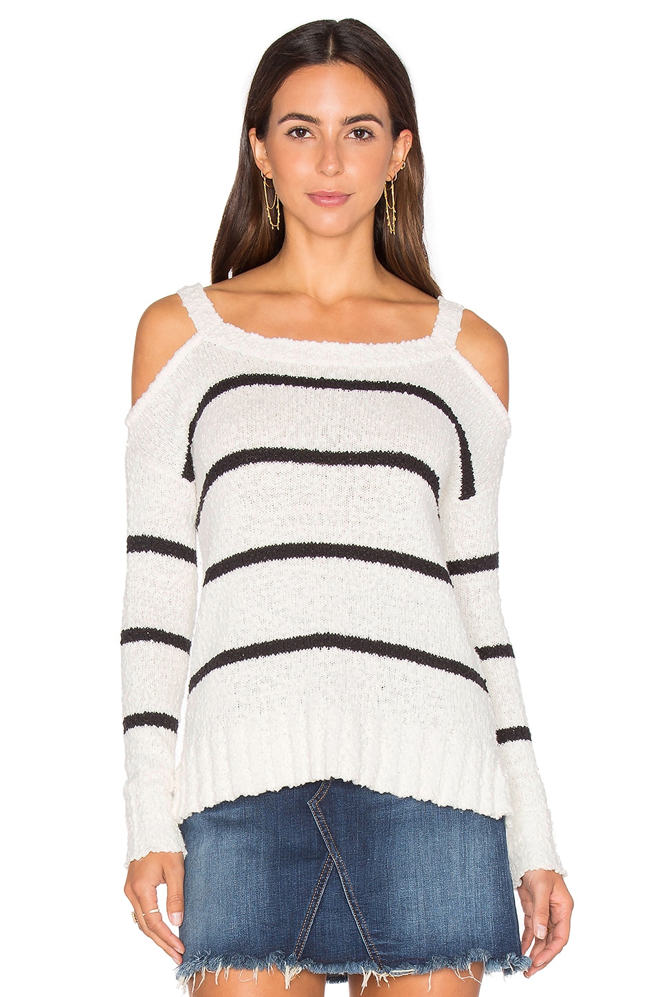 LA Made Kim Cold Shoulder Sweater in Ivory & Black Stripe | REVOLVE