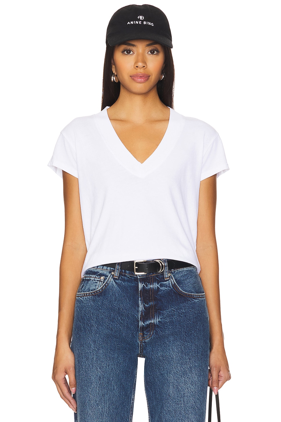 LA Made Suri Deep V Cap Sleeve Tee in White | REVOLVE
