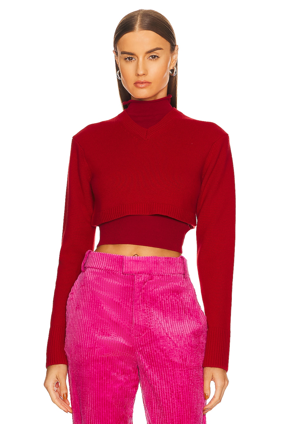 L'Academie Patton Micro Cropped V Neck Sweater in Red | REVOLVE