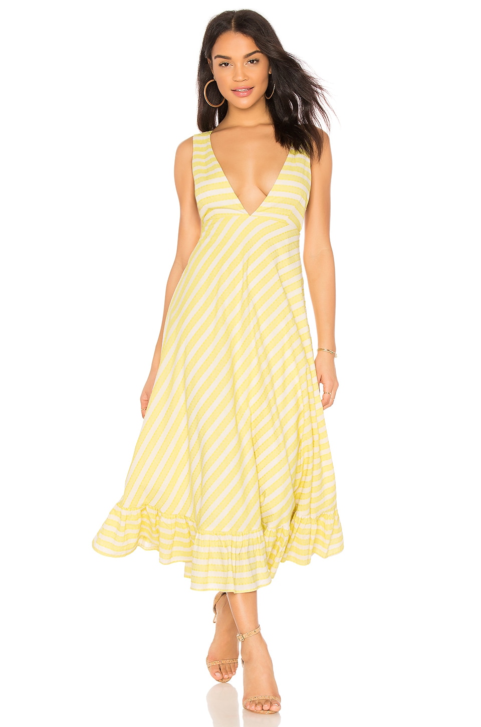 Line & Dot Ali Ruffled Hem Dress in White & Yellow | REVOLVE