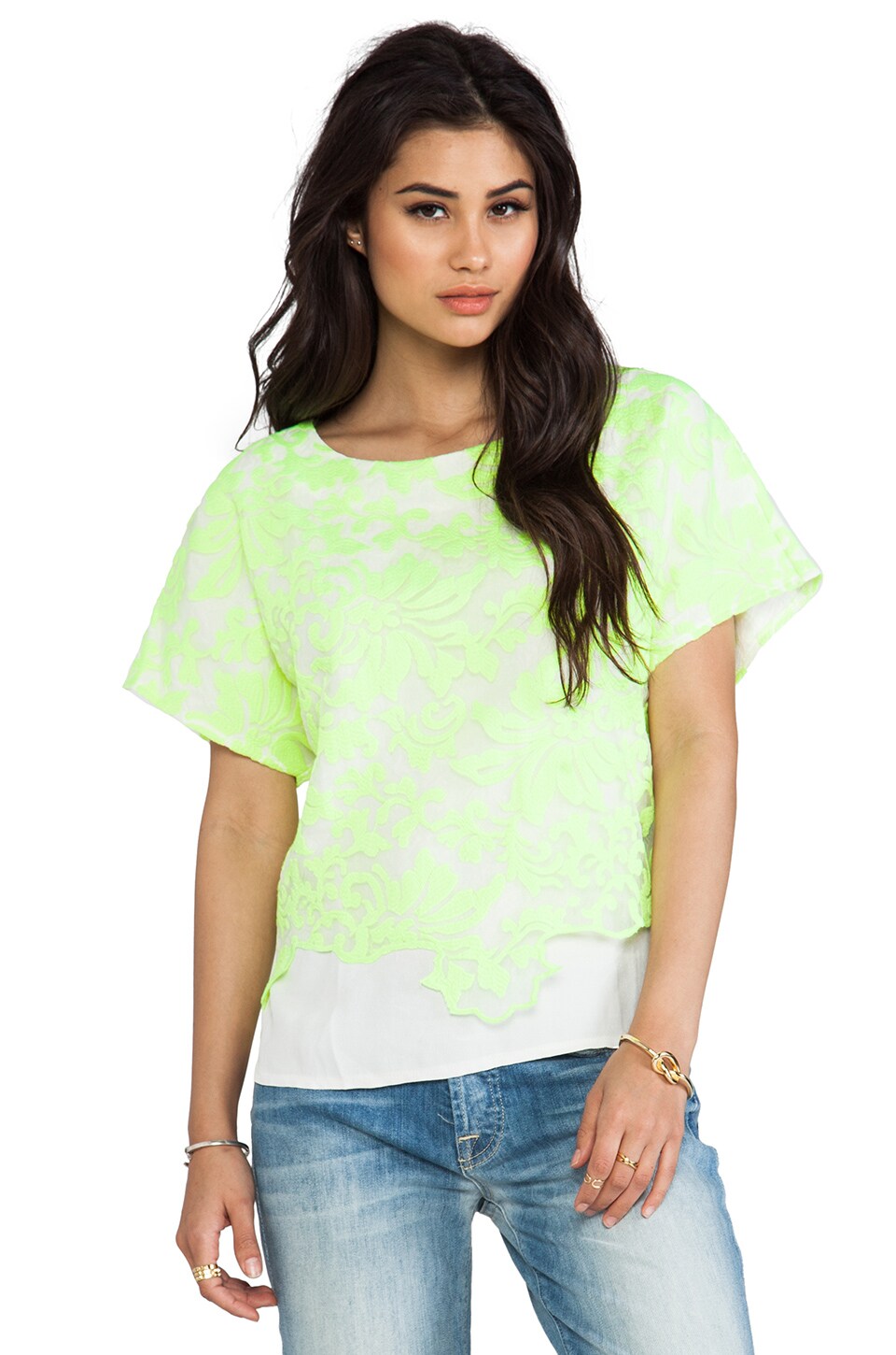 Line & Dot Embroidery Layer Top in Citrus Lime | REVOLVE