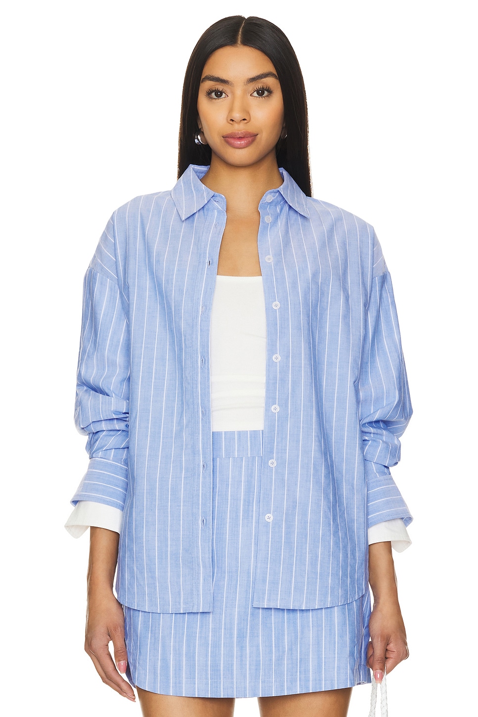 Line & Dot Mer Button Down Top in Oxford Blue | REVOLVE