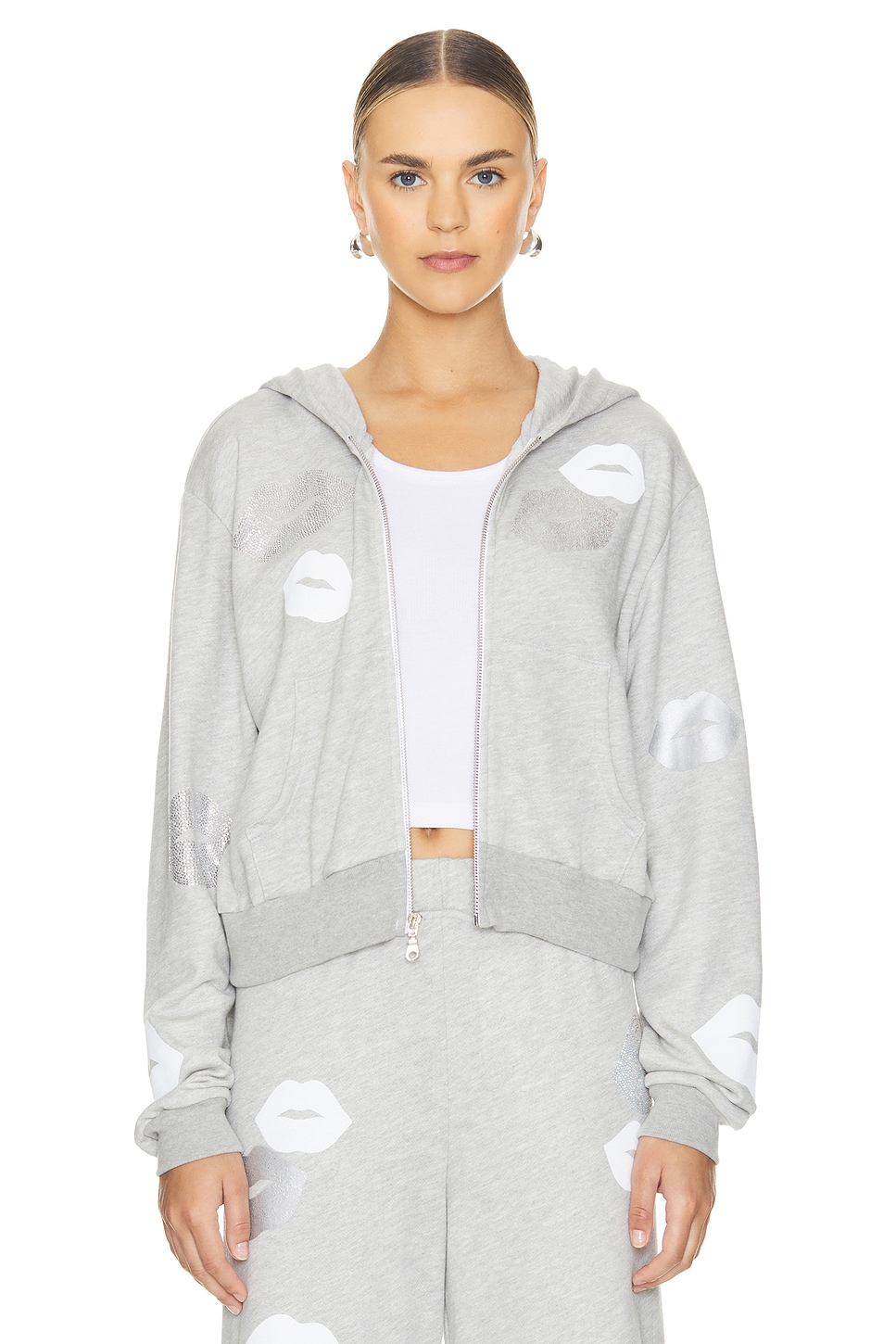 Lauren Moshi Lachelle Crystal Multi Lips Crop Zip Up Hoodie in Heather ...