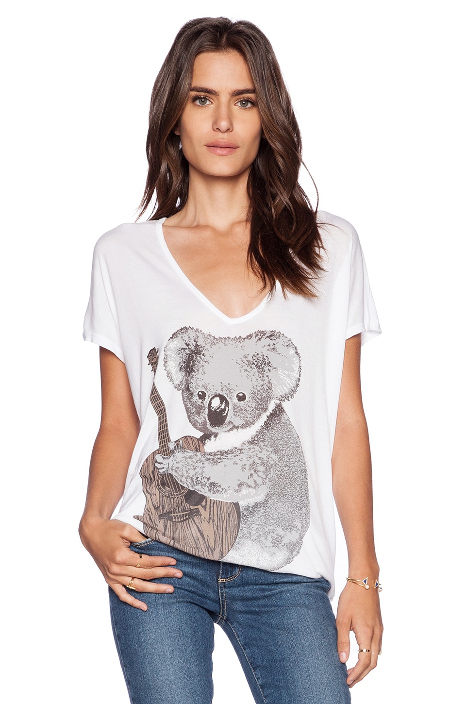 Lauren Moshi April Oversized Koala V Neck Tee in White | REVOLVE