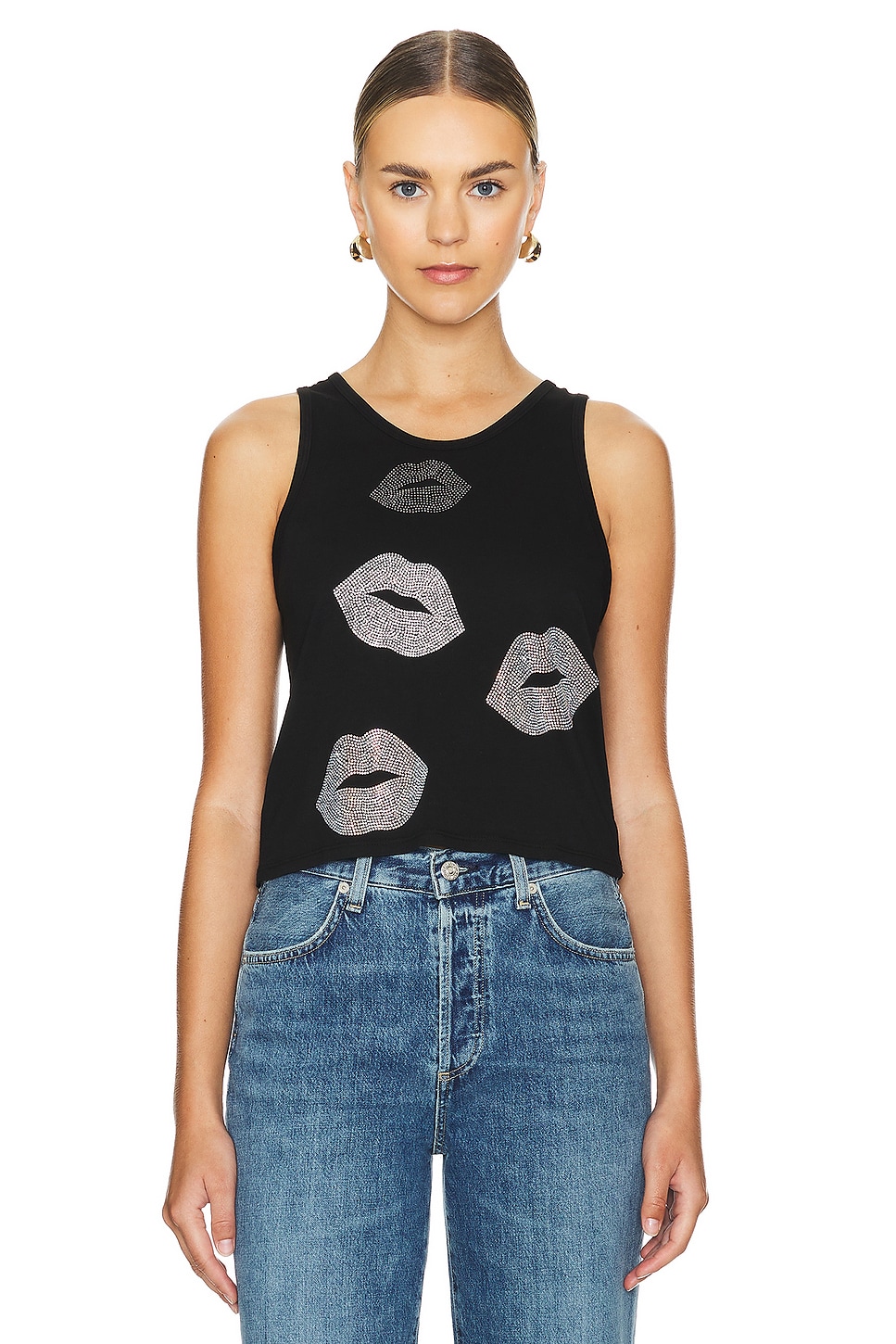 Lauren Moshi Luciana Cystal Multi Lips Fitted Tank in Black | REVOLVE